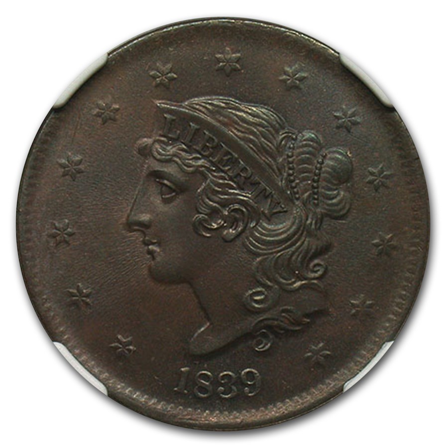 Buy 1839 Large Cent "Booby Head" MS-66 NGC (Brown) | APMEX