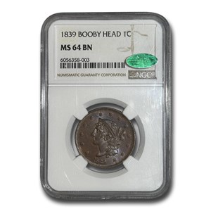 Buy 1839 Large Cent MS-64 NGC CAC (Booby Head, Brown) | APMEX