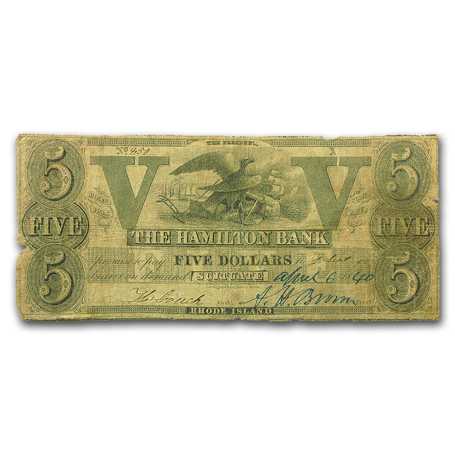 Buy 1840 Hamilton Bank of Scituate, RI $5.00 VG (Haxby RI-440) | APMEX