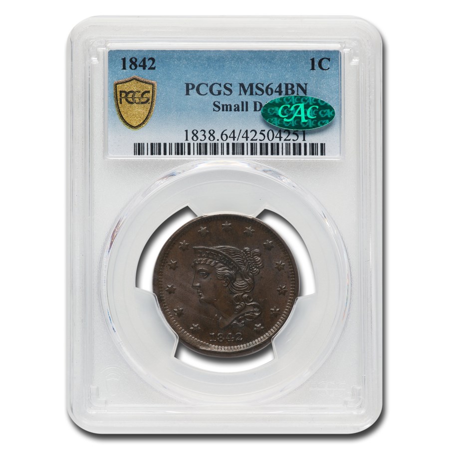 1842 Large Cent MS-64 PCGS CAC (Brown, Small Date)