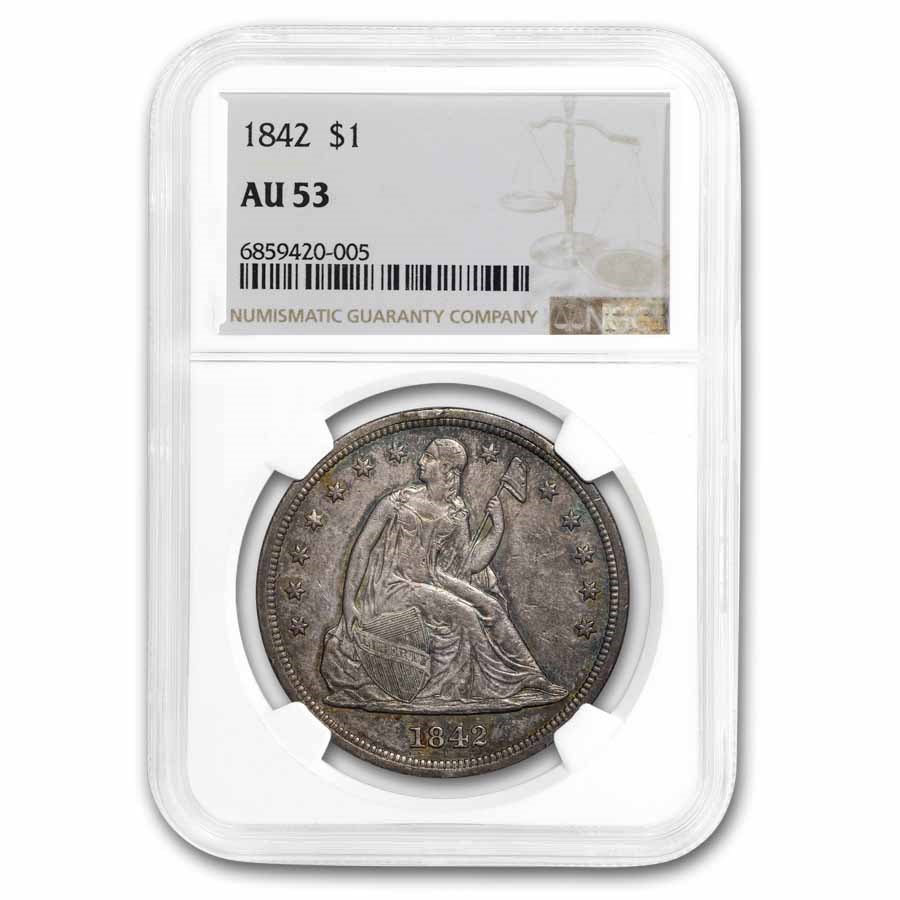 1842 Liberty Seated Dollar AU-53 NGC