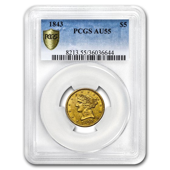 Buy 1843 $5 Liberty Gold Half Eagle AU-55 PCGS | APMEX
