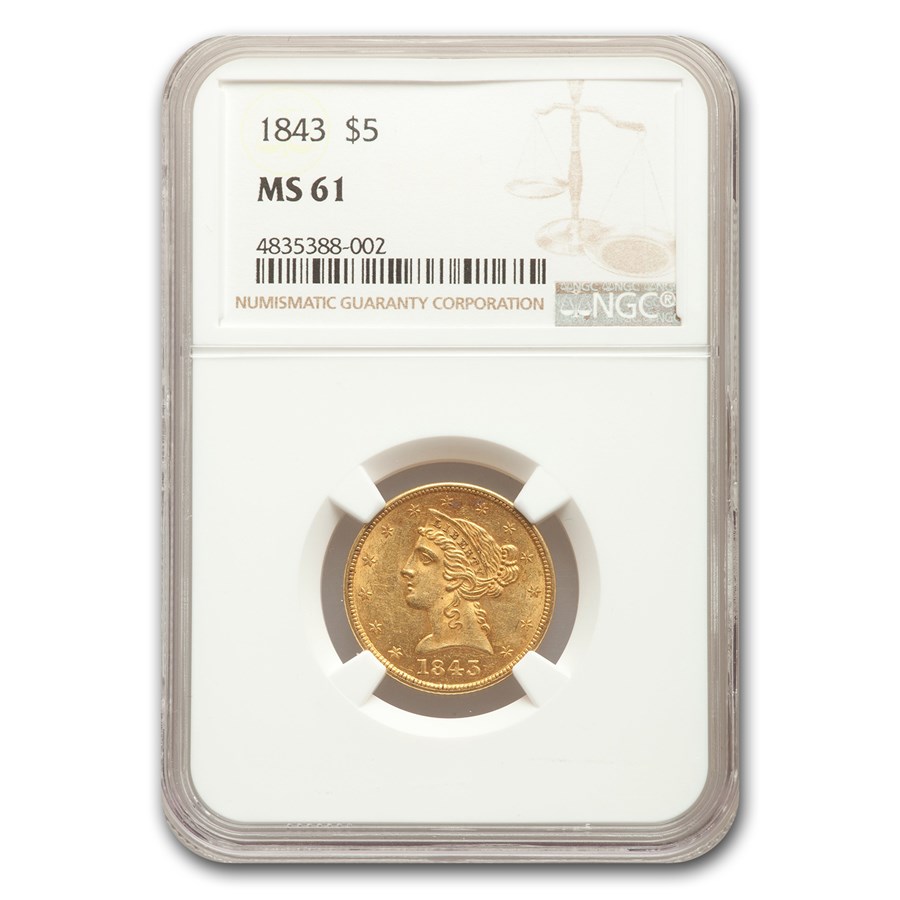 Buy 1843 $5 Liberty Gold Half Eagle MS-61 NGC | APMEX