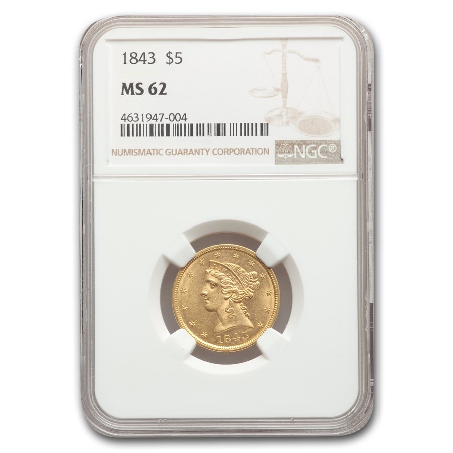 Buy 1843 $5 Liberty Gold Half Eagle MS-62 NGC | APMEX