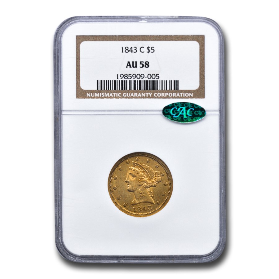 Buy 1843-C $5 Liberty Gold Half Eagle AU-58 NGC CAC | APMEX