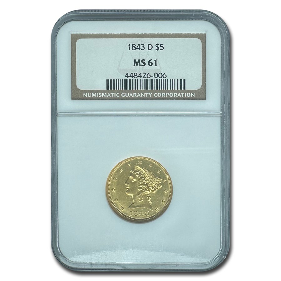 1843-D $5 Liberty Gold Half Eagle MS-61 NGC