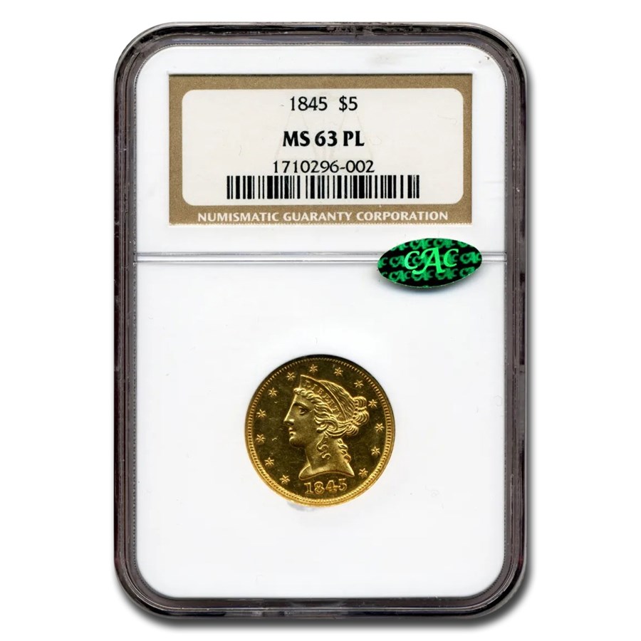 Buy 1845 $5 Liberty Gold Half Eagle MS-63 NGC CAC (PL) | APMEX