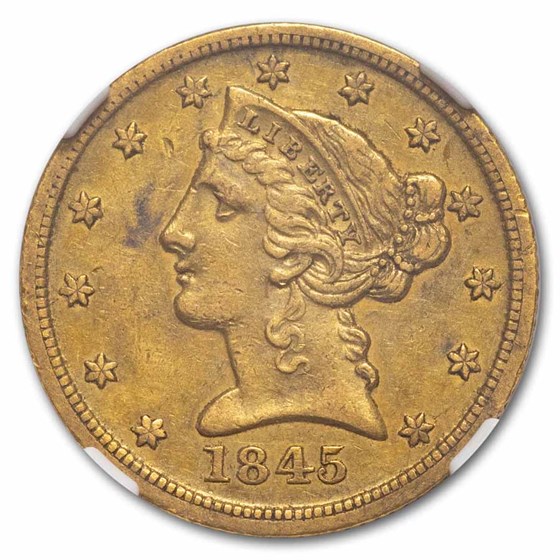 1845-D $5 Liberty Gold Half Eagle AU-50+ NGC