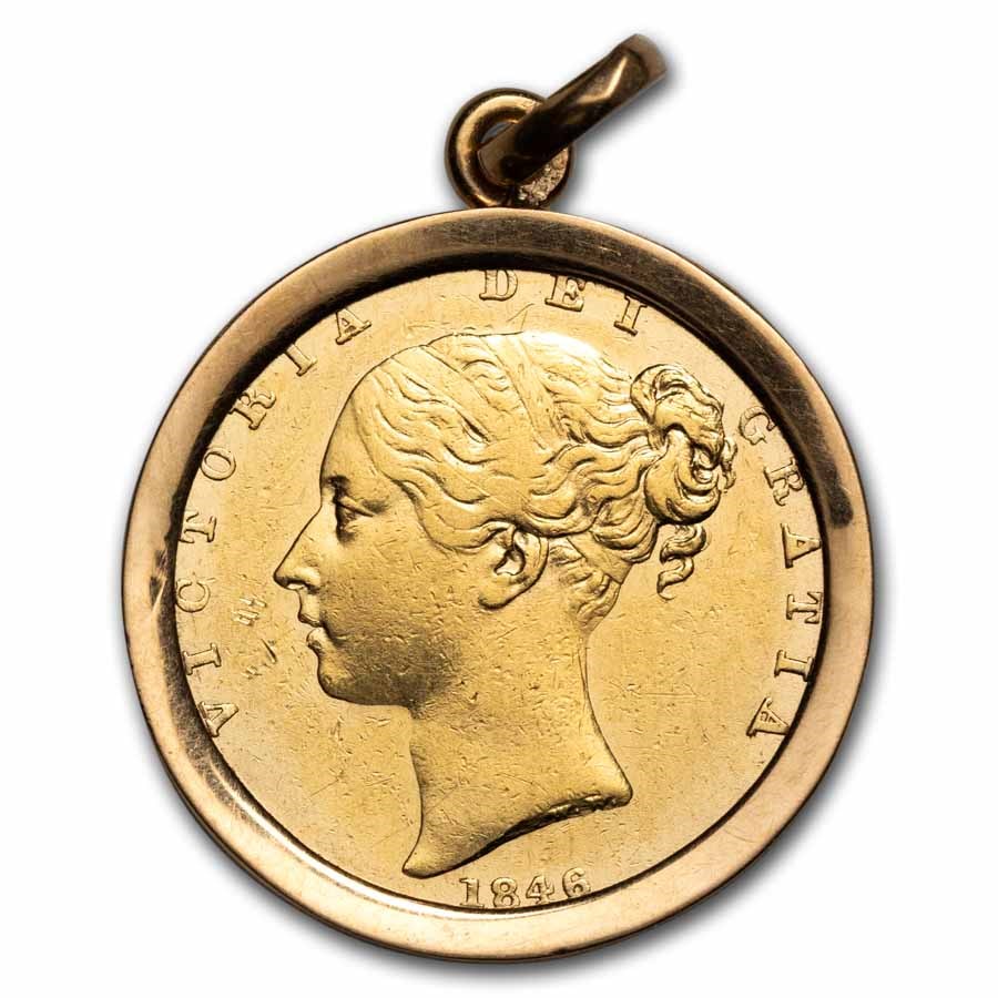 1846 Great Britain Gold Sovereign Victoria Shield 19 Karat Bezel