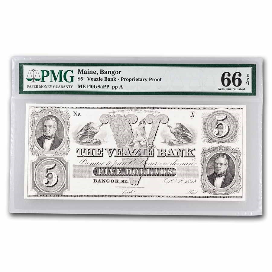Buy 1848 $5 The Veazie Bank Bangor, Maine Gem CU-66 EPQ PMG Proof | APMEX