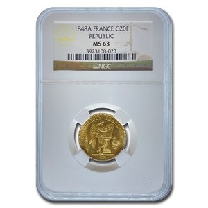 Buy 1848-A France Gold 20 Francs Lucky Angel MS-63 NGC | APMEX