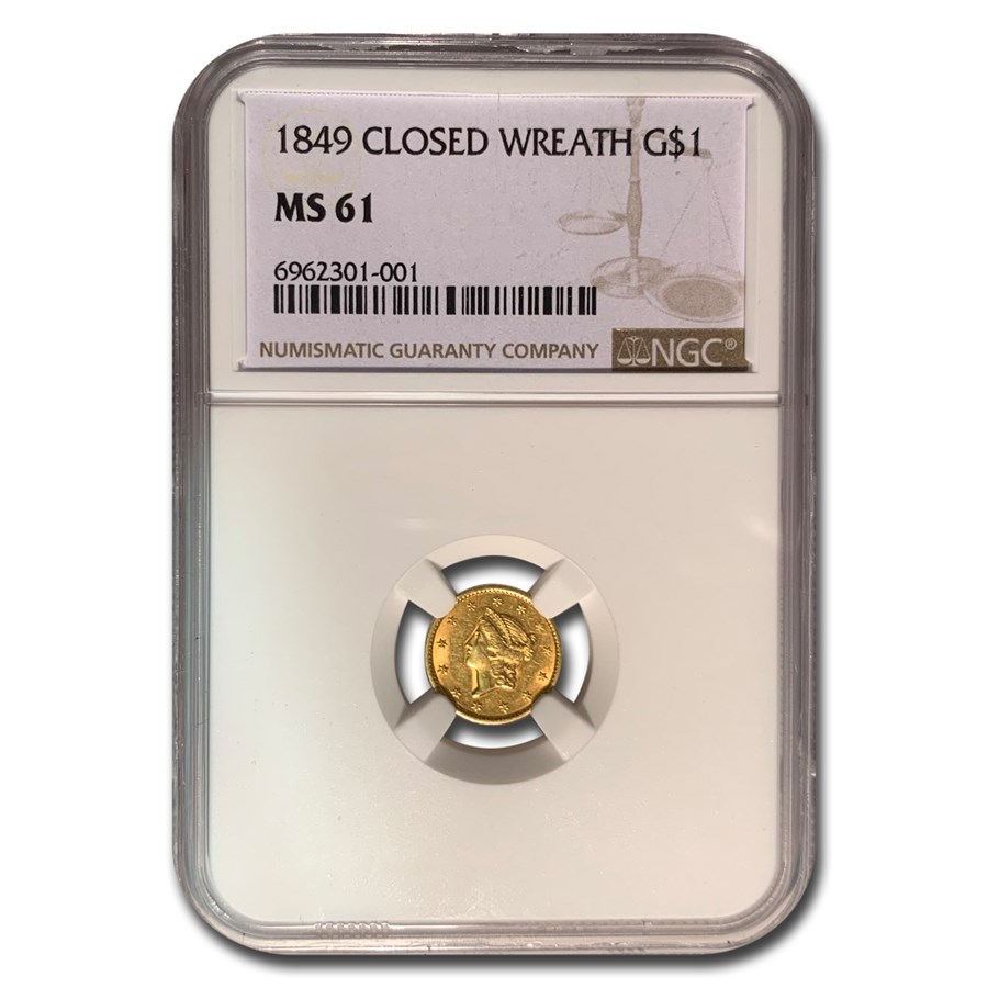 Buy 1849 $1 Liberty Head Gold Closed Wreath MS-61 | APMEX