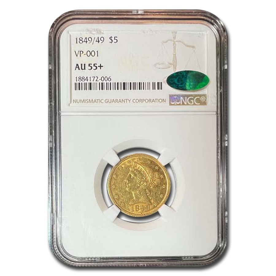Buy 1849/49 $5 Liberty Gold Half Eagle AU-55+ NGC CAC | APMEX