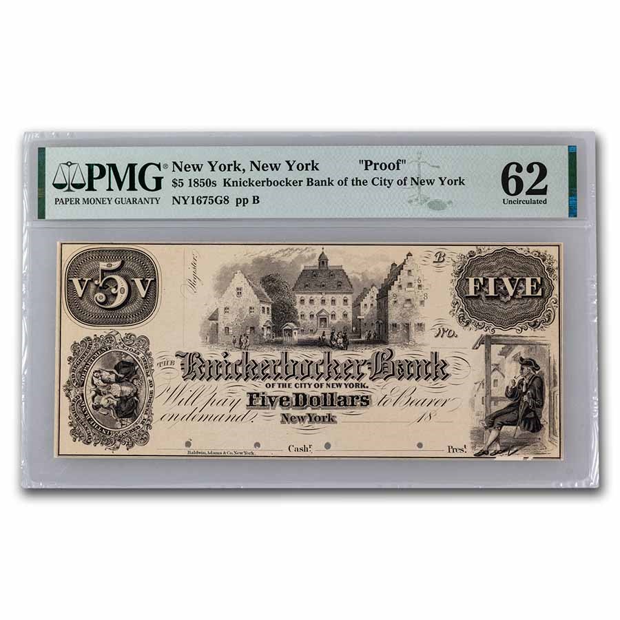 Buy 1850s $5 Knickerbocker Bank Of the City of NY CU-62 PMG (Proof) | APMEX
