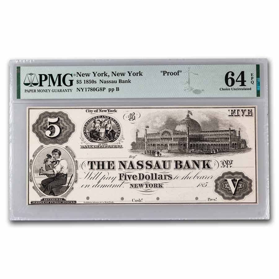 Buy 1850s $5 The Nassau Bank New York, NY CH CU-64 EPQ PMG (Proof) | APMEX