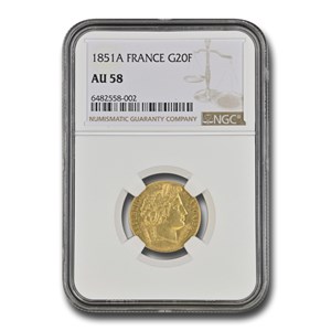 Buy 1851-A France Gold 20 Francs Early Head Ceres AU-58 NGC | APMEX