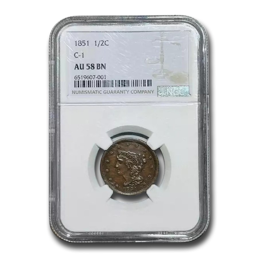 1851 Half Cent AU-58 NGC (Brown, C-1)