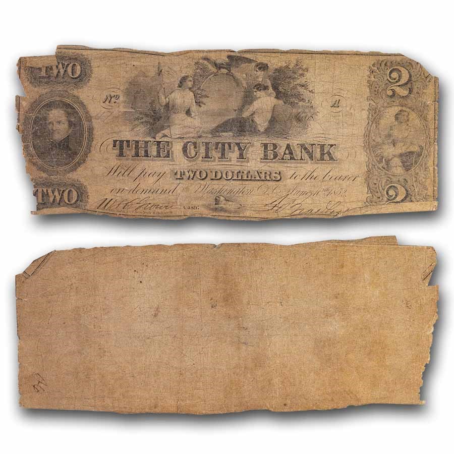 1852 The City Bank of Washington, D.C. $2 VG