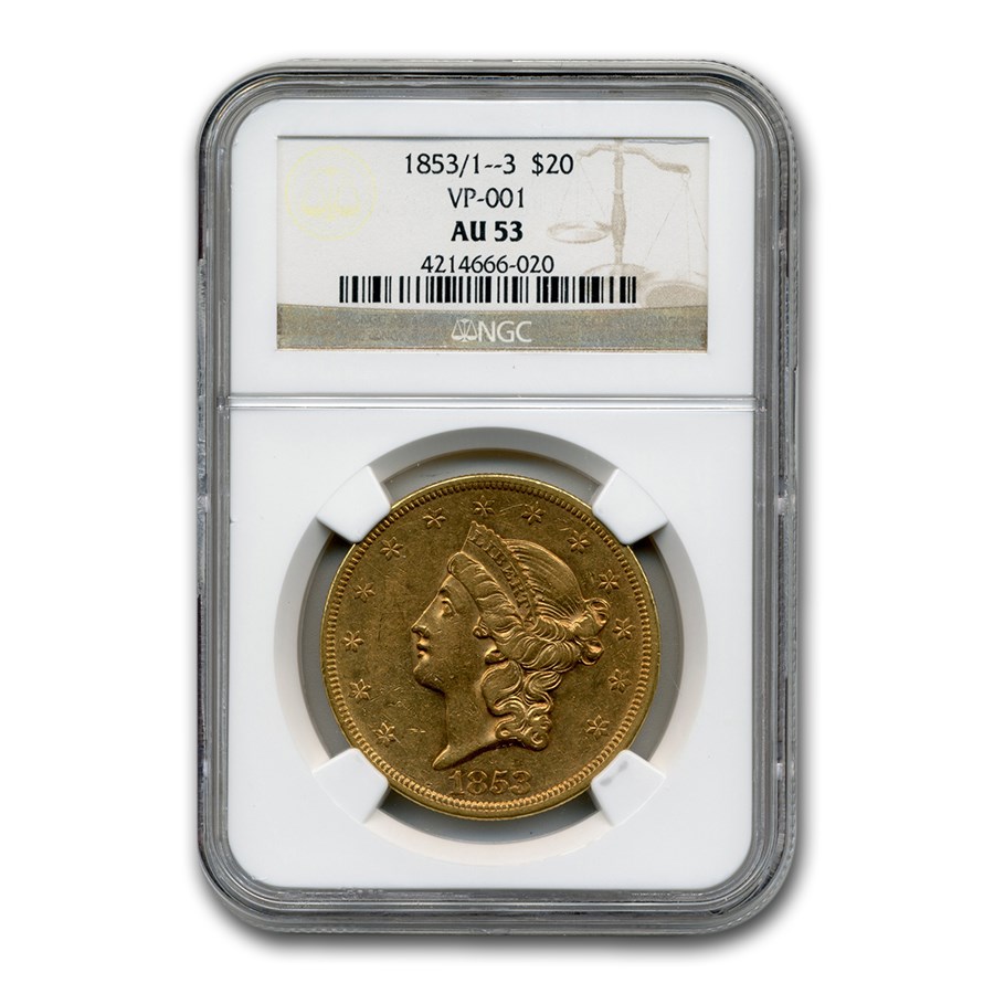 Buy 1853/1__3 $20 Liberty Gold Double Eagle AU-53 NGC (VP-001) | APMEX