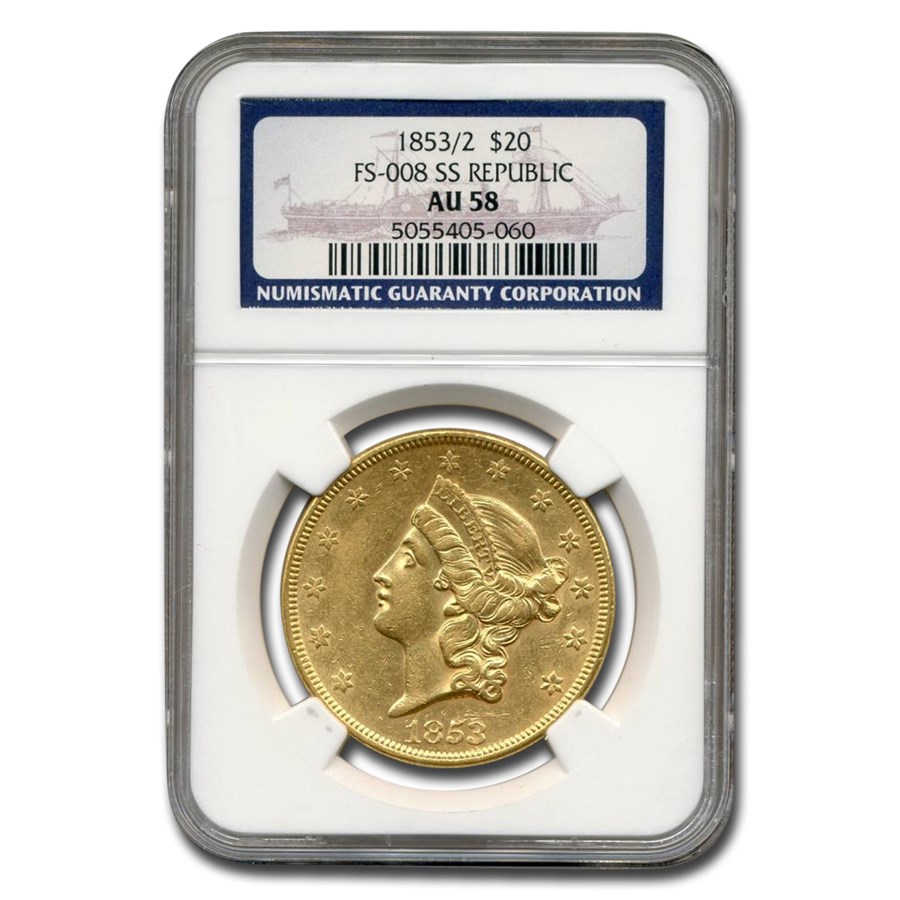 Buy 1853/2 $20 Liberty Gold Double Eagle AU-58 NGC (SS Republic) | APMEX
