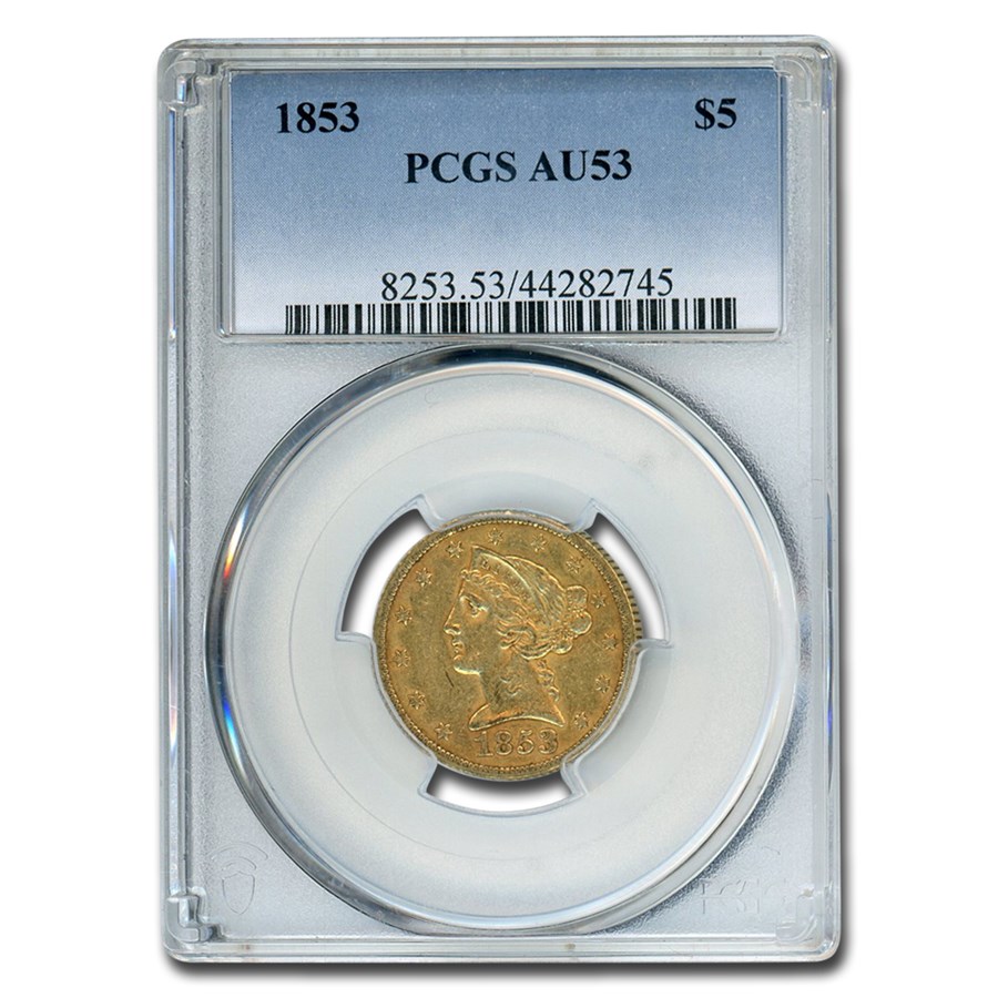 Buy 1853 $5 Liberty Gold Half Eagle AU-53 PCGS | APMEX Buy 1853 $5 Liberty Gold Half Eagle AU-53 PCGS | APMEX