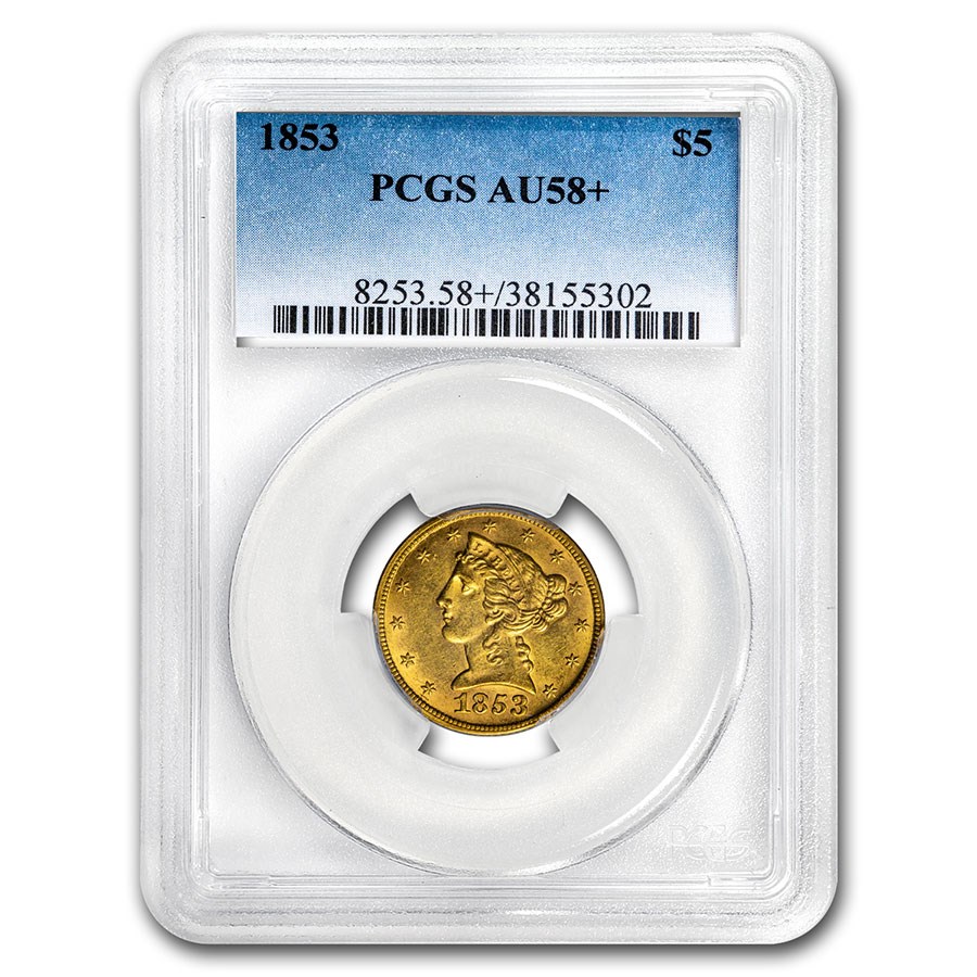 Buy 1853 $5 Liberty Gold Half Eagle AU-58+ PCGS | APMEX Buy 1853 $5 Liberty Gold Half Eagle AU-58+ PCGS | APMEX