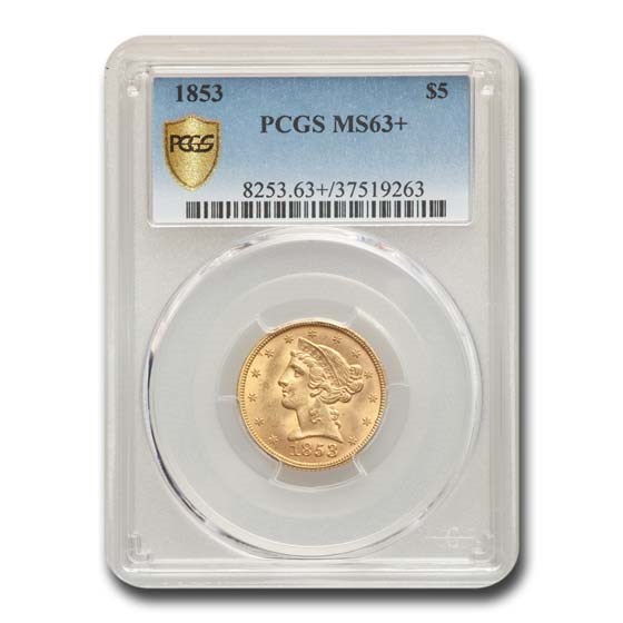 Buy 1853 $5 Liberty Gold Half Eagle MS-63+ PCGS | APMEX Buy 1853 $5 Liberty Gold Half Eagle MS-63+ PCGS | APMEX