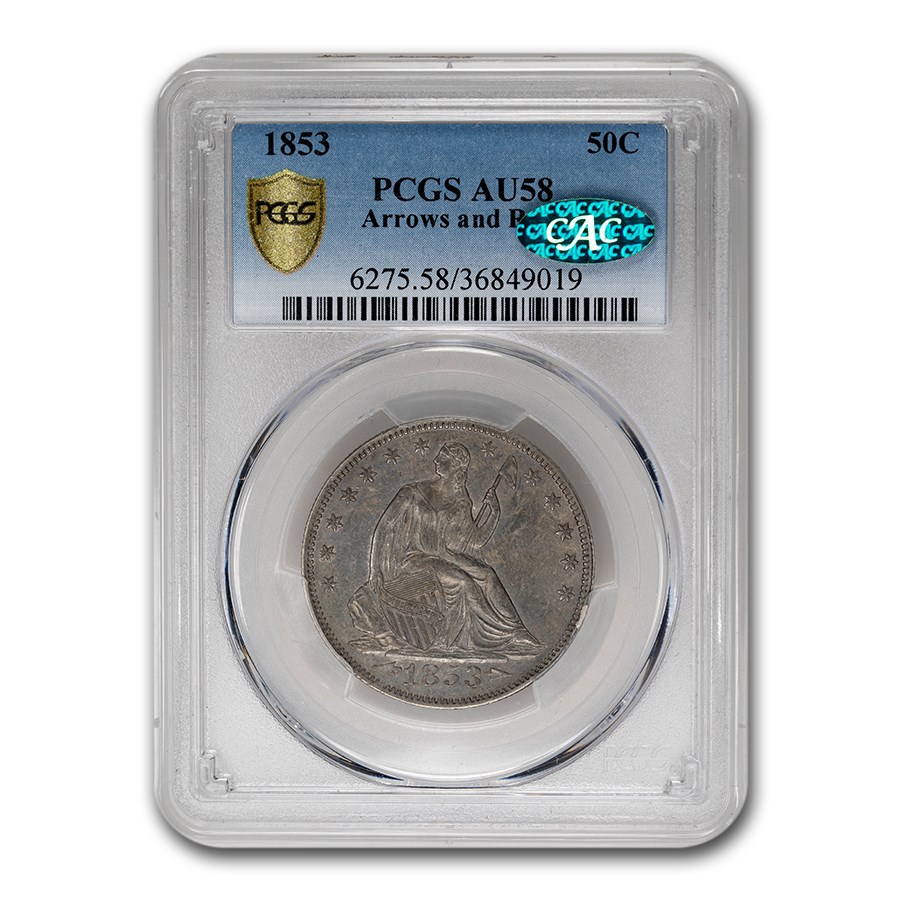 Buy 1853 Liberty Seated Half Dollar w/Arrows & Rays AU-58 PCGS CAC | APMEX