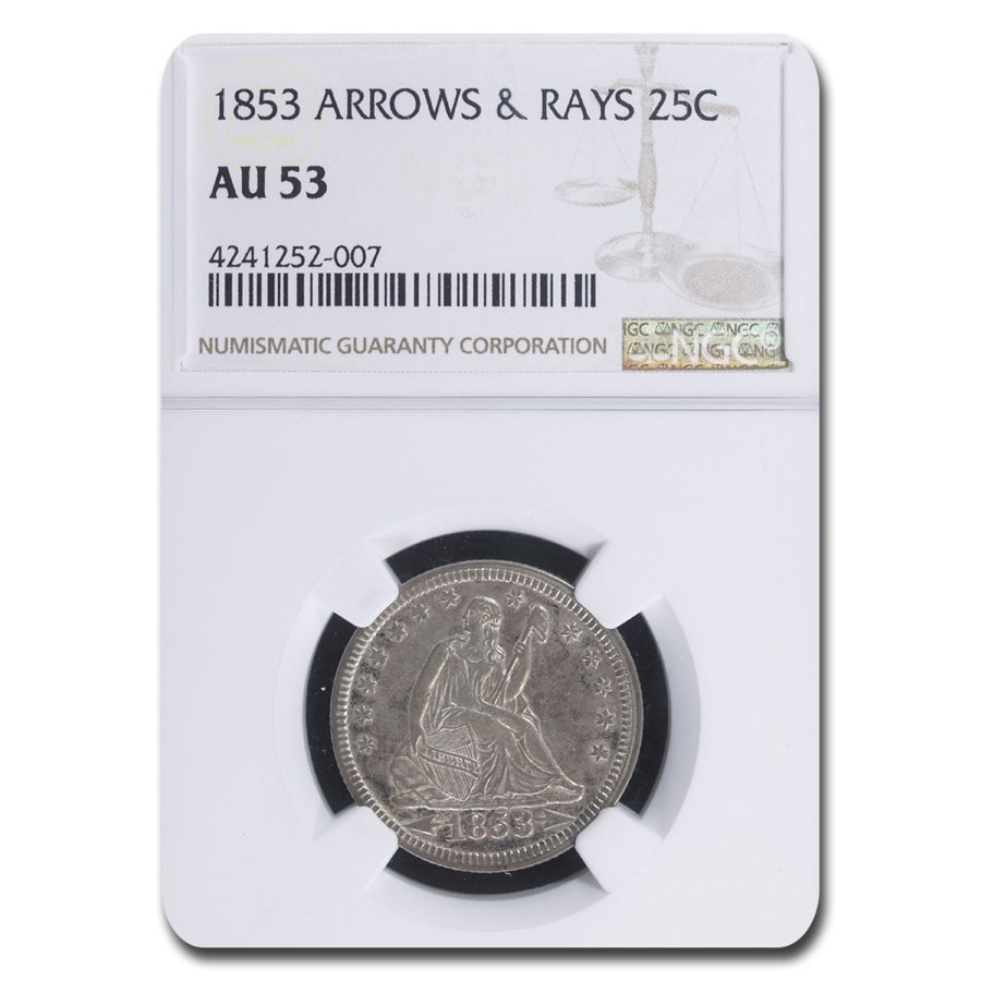 Buy 1853 Liberty Seated Quarter Arrows and Rays AU-53 NGC | APMEX