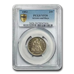 1853 Liberty Seated Quarter Arrows & Rays VF-30 PCGS