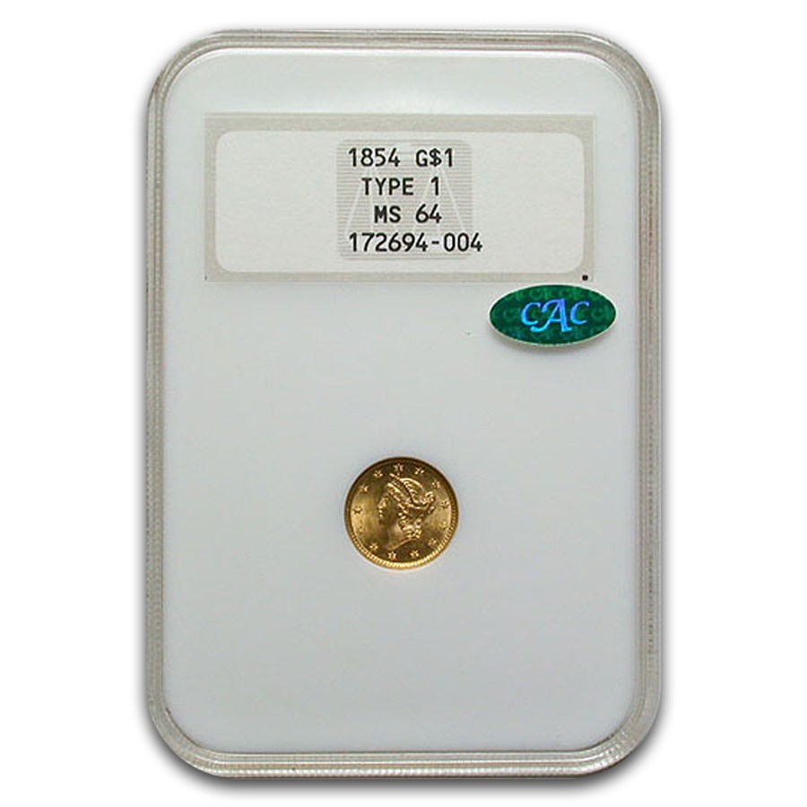 1854 $1 Liberty Head Gold MS-64 Type 1 NGC CAC