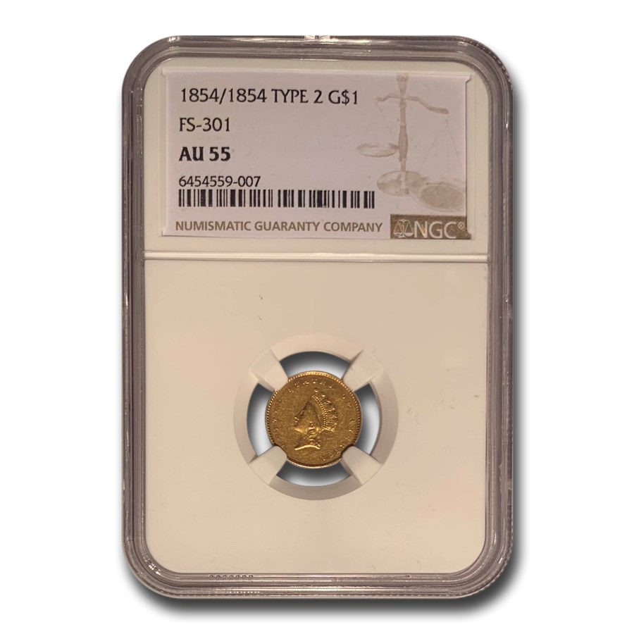 Buy 1854/1854 $1 Indian Head Gold Type 2 AU-55 NGC (FS-301) | APMEX