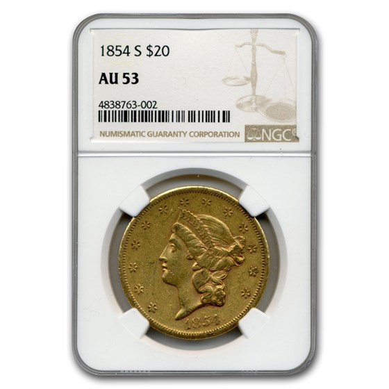 Buy 1854-S $20 Liberty Gold Double Eagle AU-53 NGC | APMEX