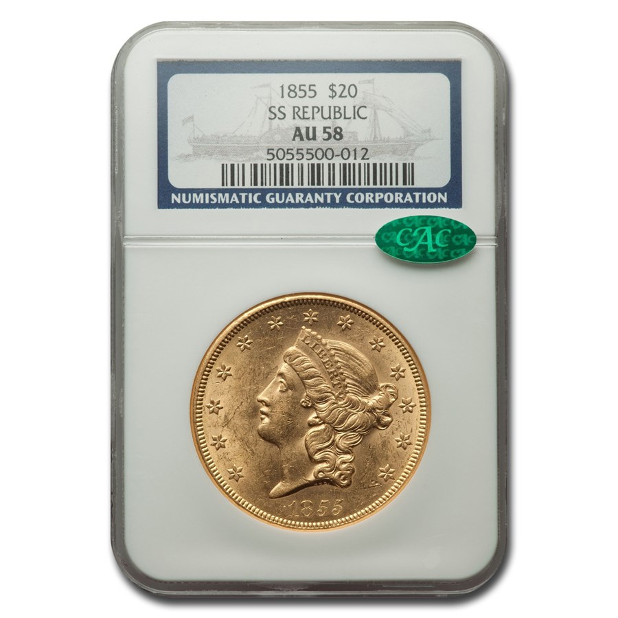 Buy 1855 $20 Liberty Gold Double Eagle AU-58 NGC CAC (SS Republic) | APMEX