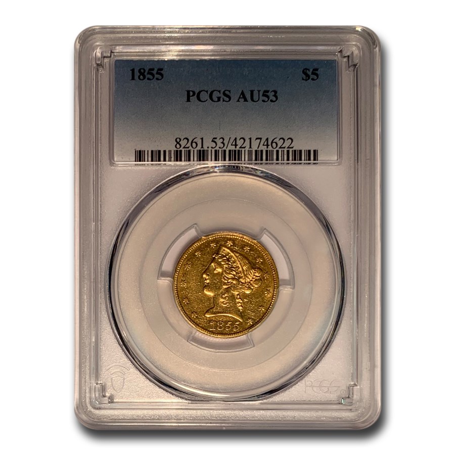 Buy 1855 $5 Liberty Gold Half Eagle AU-53 PCGS | APMEX