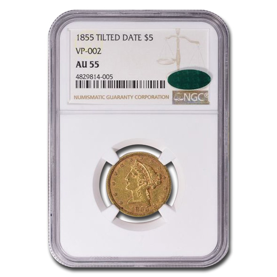 Buy 1855 $5 Liberty Gold Half Eagle AU-55 Tilt Date | APMEX