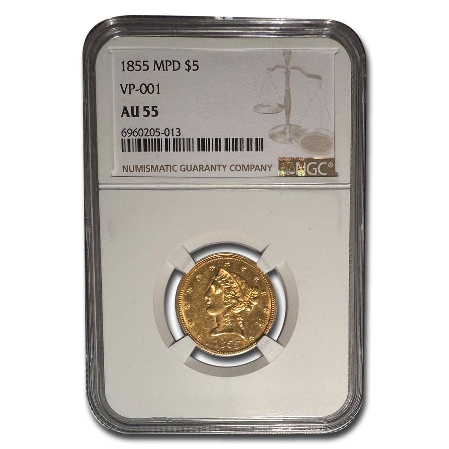 Buy 1855 $5 Liberty Gold Half Eagle AU-55 NGC (MPD VP-001) | APMEX