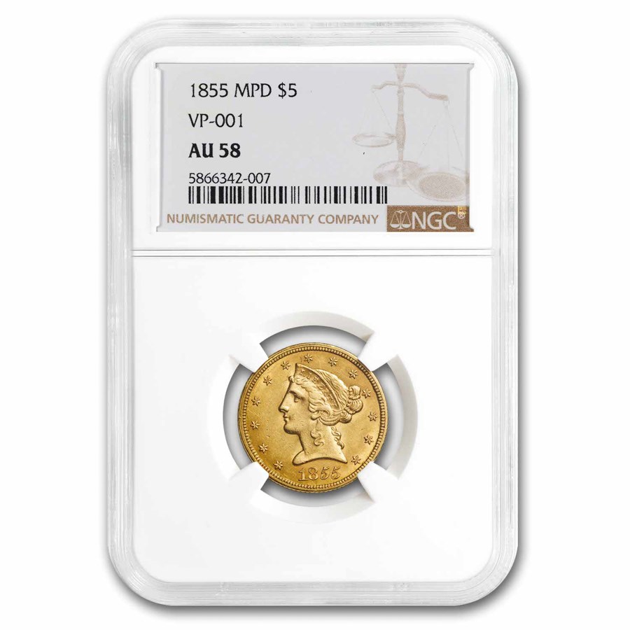 Buy 1855 $5 Liberty Gold Half Eagle AU-58 NGC (MPD, VP-001) | APMEX