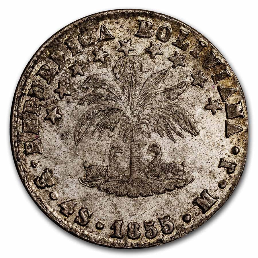 Buy 1855-PTS MJ Bolivia Silver 4 Soles Bolivar AU | APMEX
