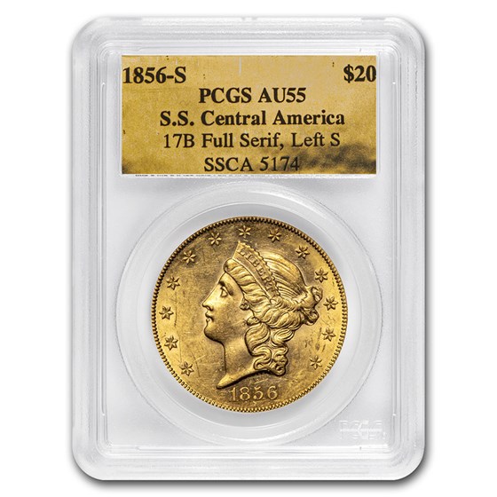 Buy 1856-S $20 Lib Gold SS Central America AU-55 PCGS (Full Serif) | APMEX