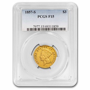 1857-S $3 Gold Princess Fine-15 PCGS