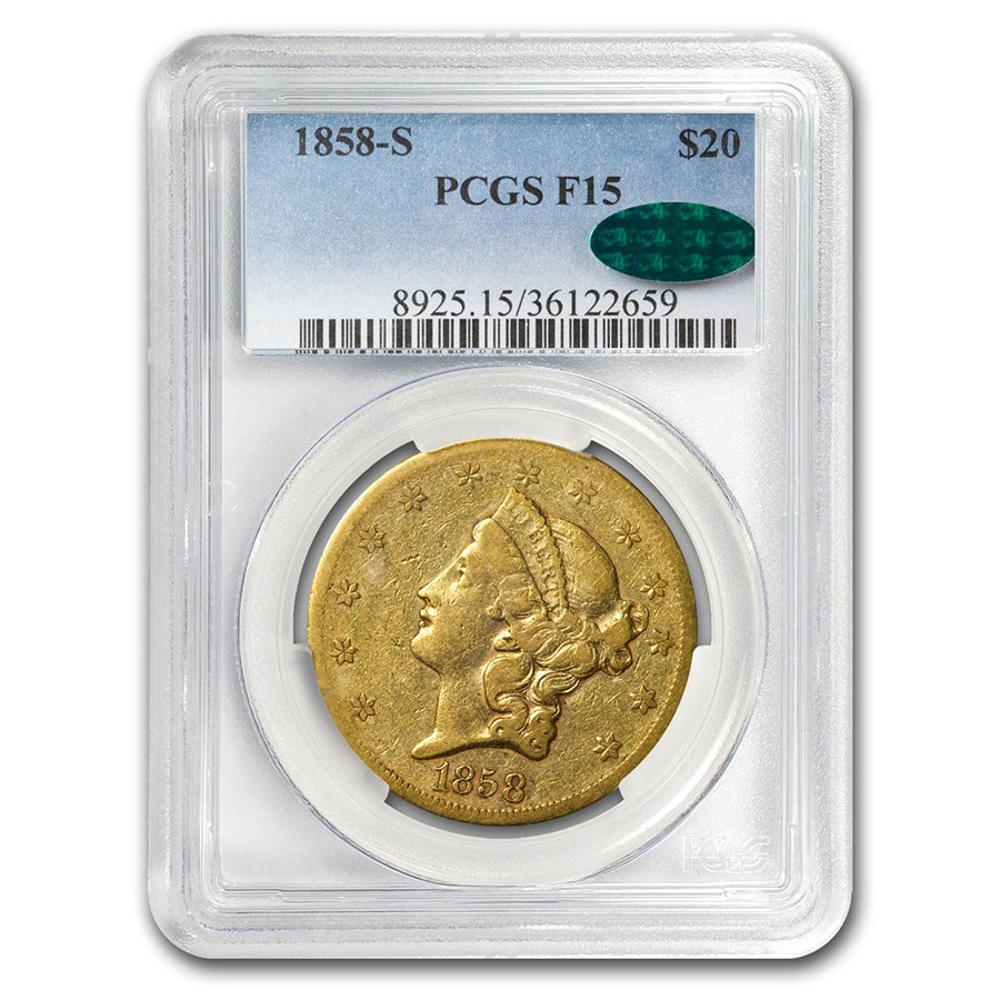 Buy 1858-S $20 Liberty Gold Double Eagle F-15 PCGS (CAC) | APMEX