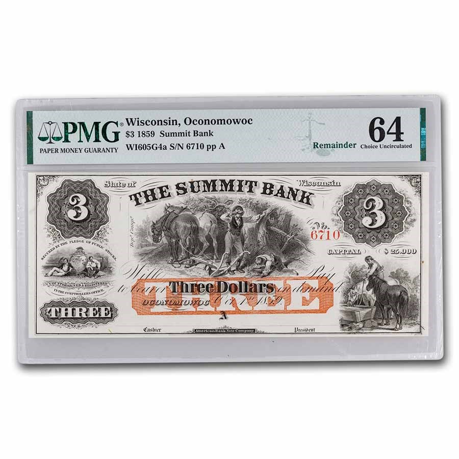 Buy 1859 $3 Summit Bank Oconomowoc WI - CU-64 PMG (WI-605) | APMEX