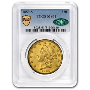 1859-S $20 Liberty Gold Double Eagle MS-61 PCGS CAC