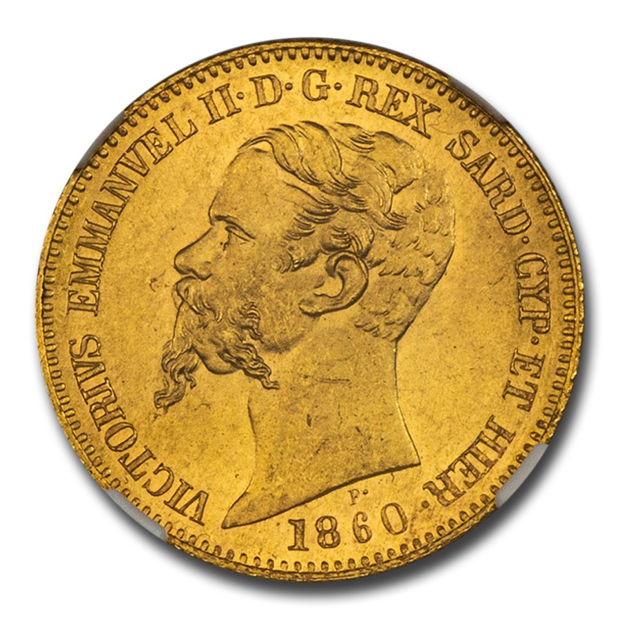 Buy 1860 Italy Sardinia Gold 20 Lire Emanuele II MS-65 NGC | APMEX
