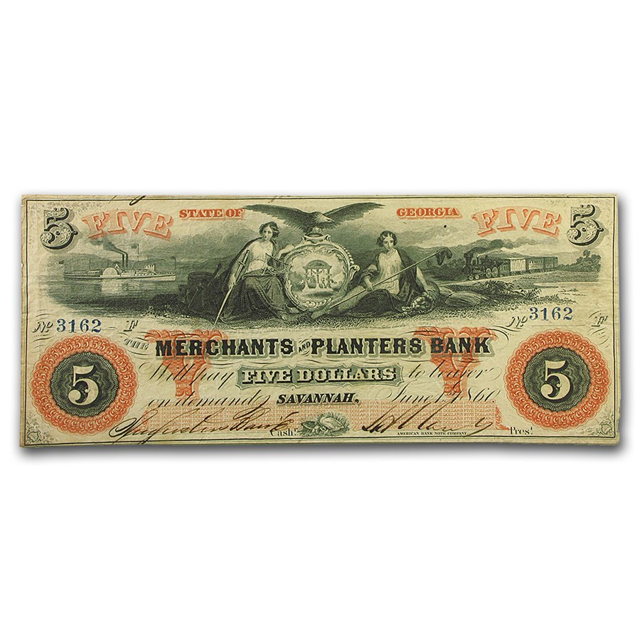 Buy 1860 Merchants & Planters Bank, Savannah, GA $5.00 GA-315 VF | APMEX