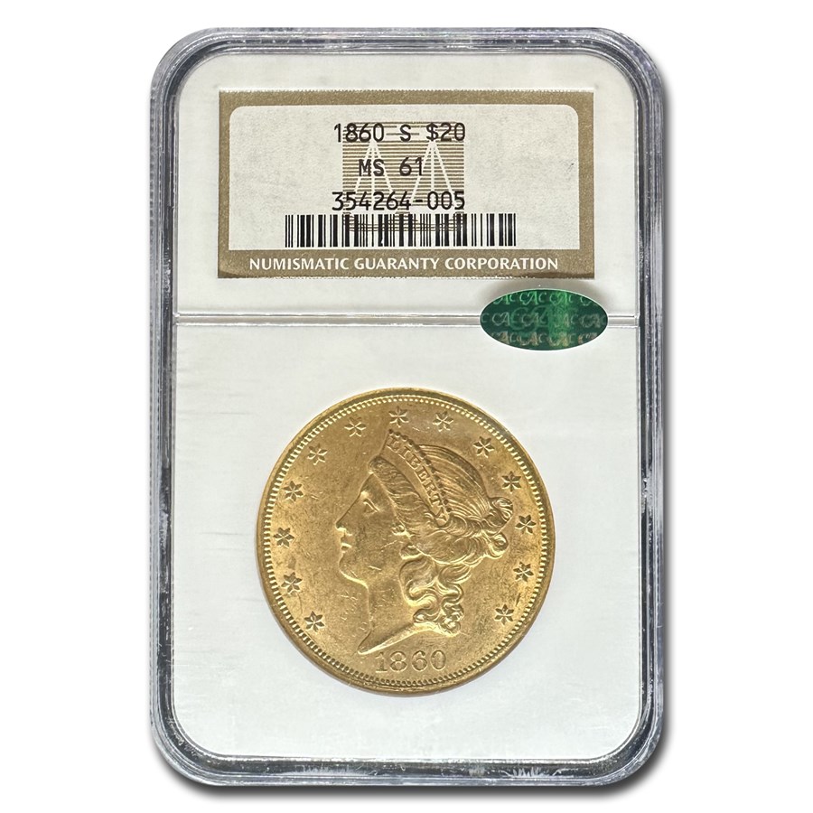 Buy 1860-S $20 Liberty Gold Double Eagle MS-61 NGC CAC | APMEX