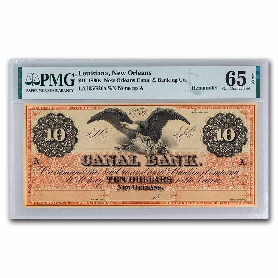 Buy 1860s $10 Canal Bank of New Orleans CU-65 EPQ PMG (LA-105) | APMEX
