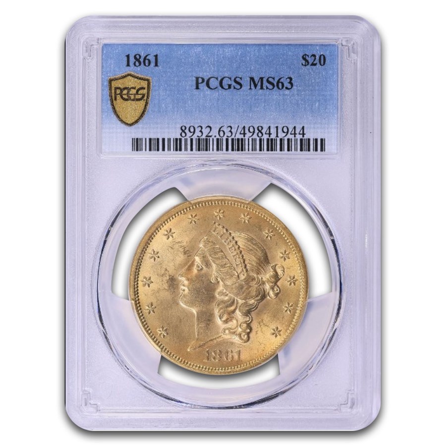 1861 $20 Liberty Gold Double Eagle MS-63 PCGS