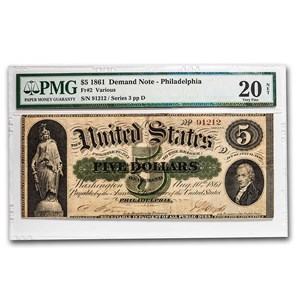 Buy 1861 $5.00 Demand Note Philadelphia VF-20 PMG (Fr#2)NET | APMEX
